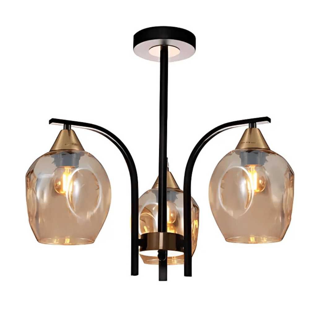 Buy Snowdrop 3 Lamp Amber Glass Black Body Semi Flush E27 Ceiling Light ...